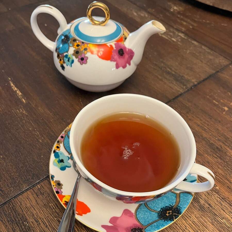 Earl Grey black tea in a floral tea set.